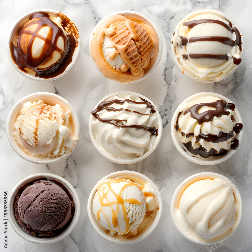 Ice Cream Roll. Selection of different rolled ice creams in cone cups ...