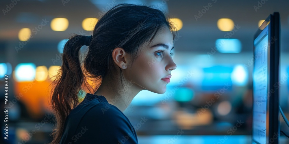 Teller at Work, side profile of a bank teller updating records on a ...