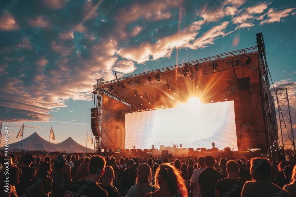 Outdoor concert stage construction with empty billboard on the roof ...