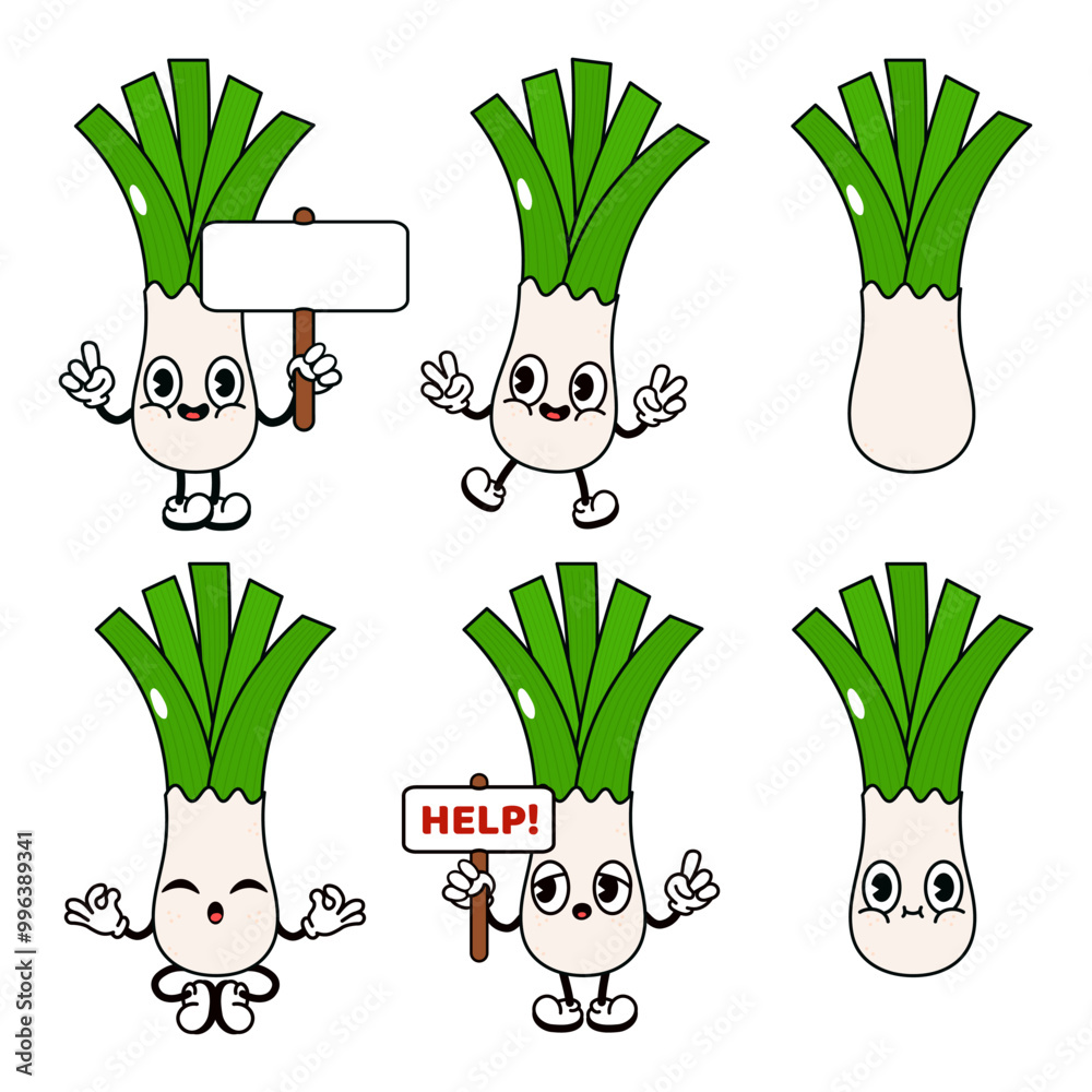 Funny cute leek characters bundle set. Vector hand drawn doodle style ...