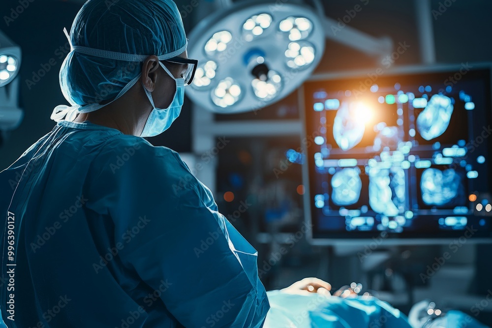 A surgeon performing a laparoscopic surgery, with a screen showing real ...