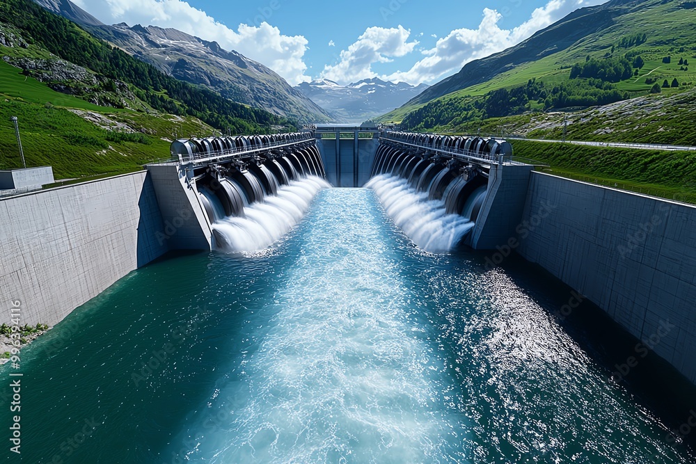 A 3D-visualization of a hydroelectric dam, showing water flowing ...