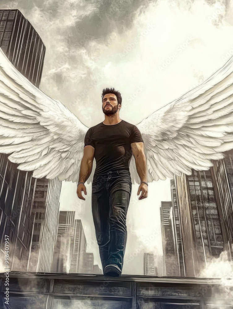 Futuristic urban scene featuring a man with white angel wings walking ...