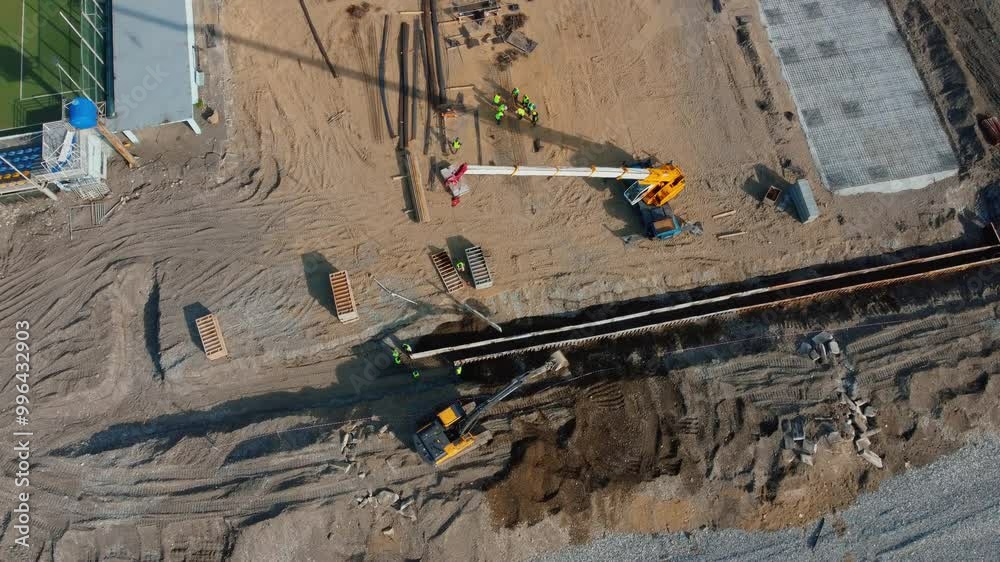 Batumi, Georgia - July 5, 2024:Construction workers install deep trench ...