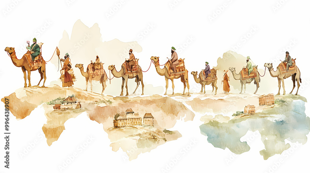 A watercolor of a detailed map of the silk road, featuring camels and ...