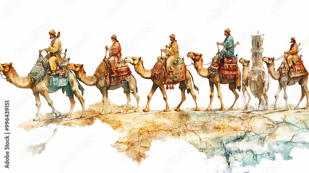 A watercolor of a detailed map of the silk road, featuring camels and ...