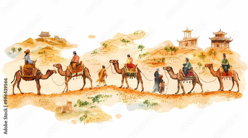 A watercolor of a detailed map of the silk road, featuring camels and ...