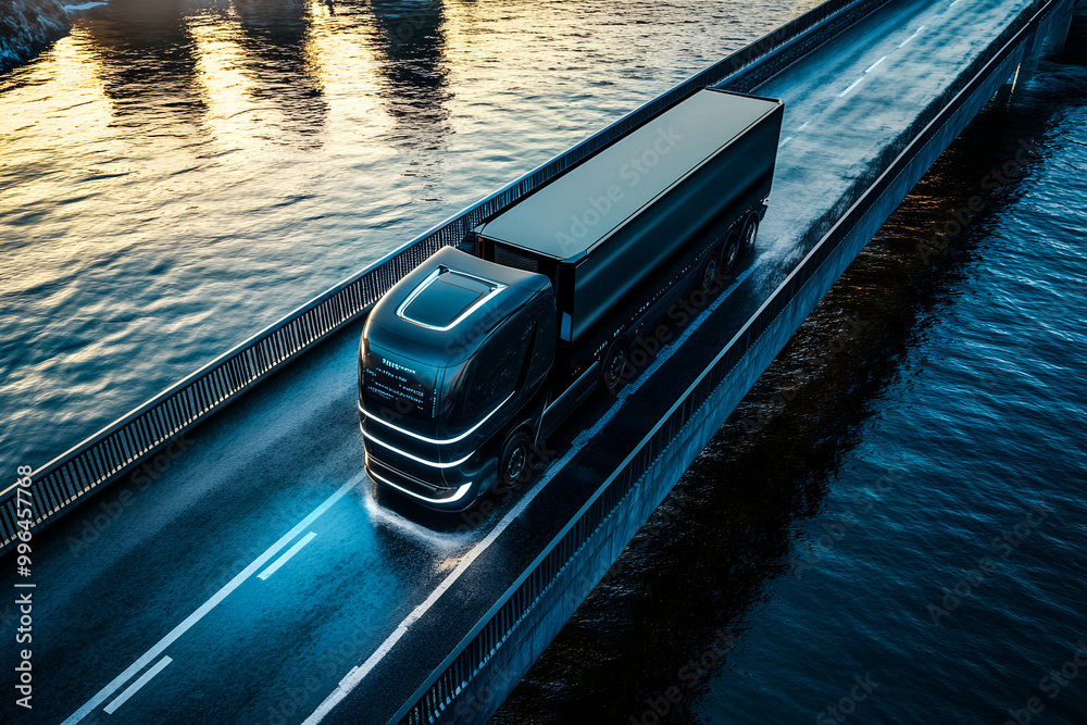 Autonomous futuristic truck on the road, an Autonomous truck with ...