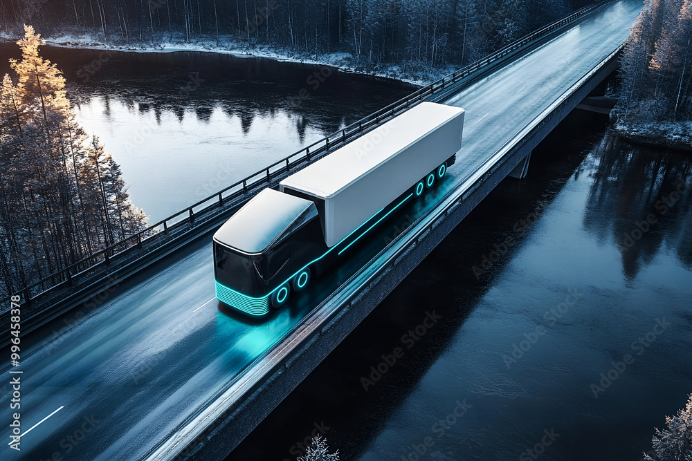 Autonomous futuristic truck on the road, an Autonomous truck with ...