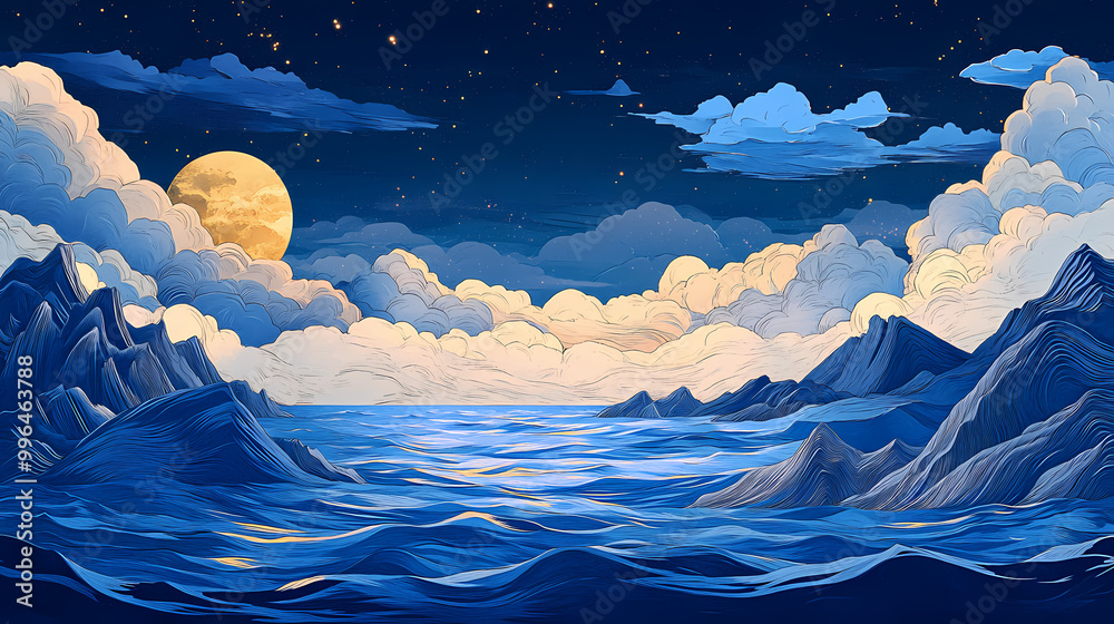 Abstract sea background with clouds, sea landscape, night, stars in the ...