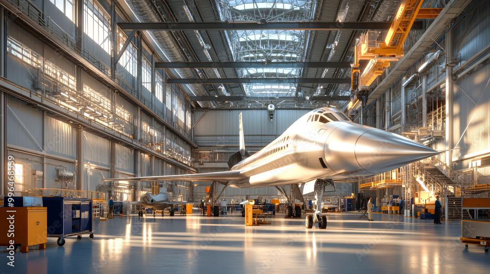 In a well-lit aerospace engineering facility, skilled technicians fine ...