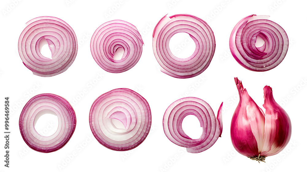 Set of red onions whole bulbs and pieces isolated on transparent ...