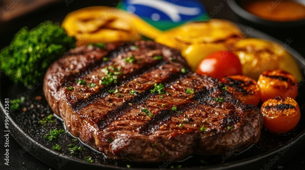 Juicy grilled Brazilian churrasco steak and roasted vegetables ...