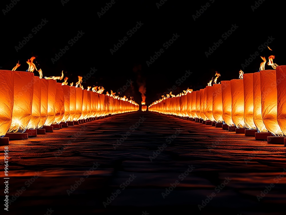 Rows of lanterns glowing against a dark sky, with fire torches ...