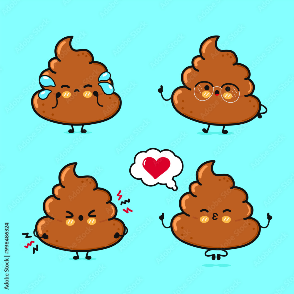 Funny cute happy Turd characters bundle set. Vector hand drawn doodle ...