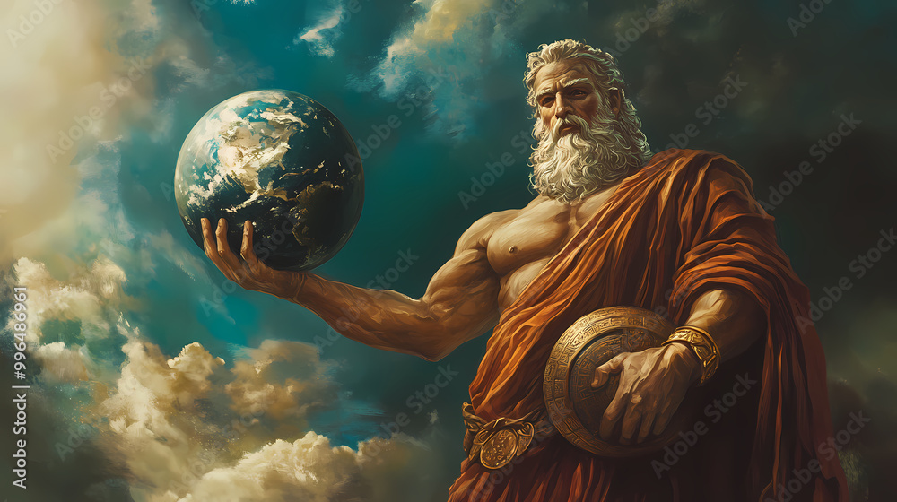 Atlas, the titan, holds the celestial globe, gods, god of the greek ...