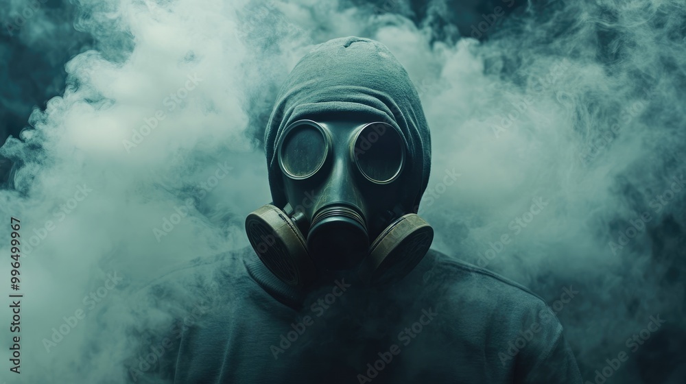 Man wearing a gas mask amidst smoke creating an artistic background ...