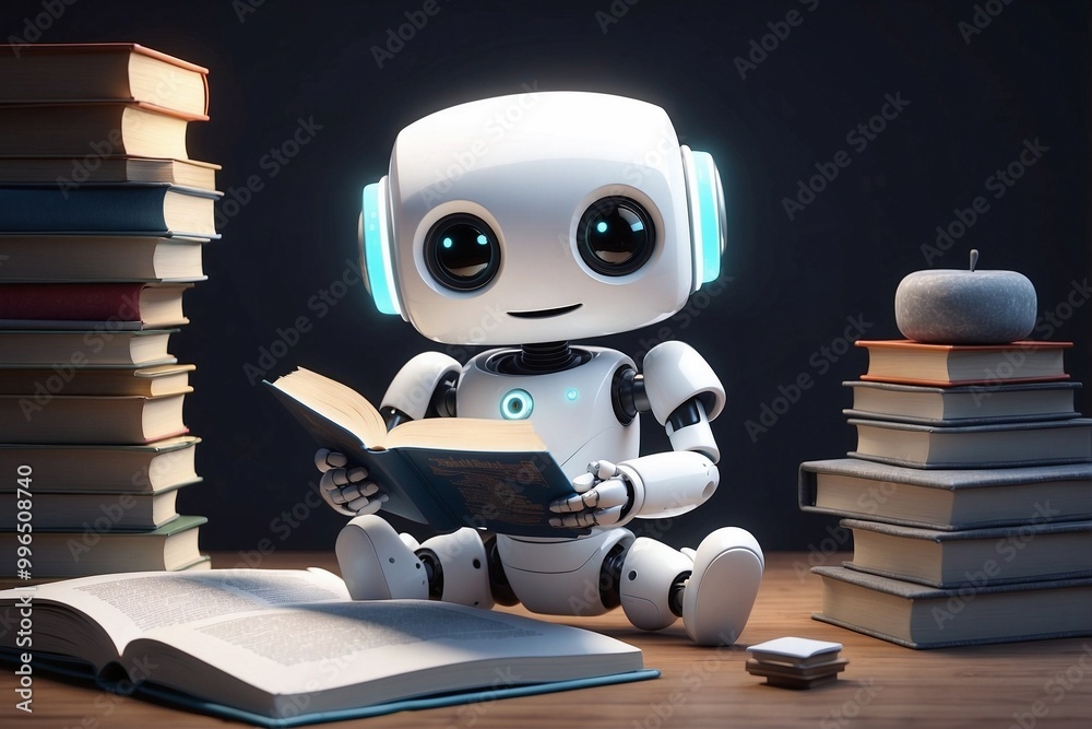 Cute Little Friendly White Robot Reading a Book in a Cozy Setting Stock ...