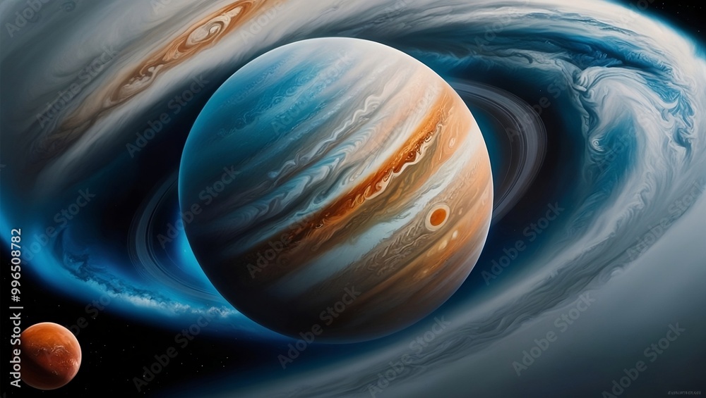 detailed portrayal of the planet Jupiter, showcasing deep blues, greys ...