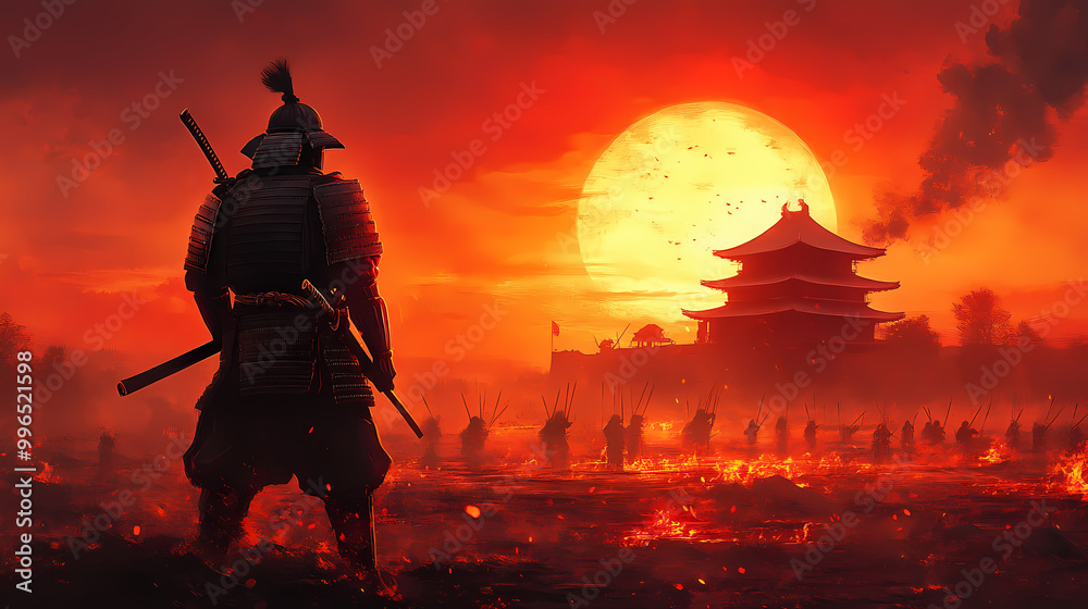 Epic samurai warrior in traditional armor standing by fiery sunset ...