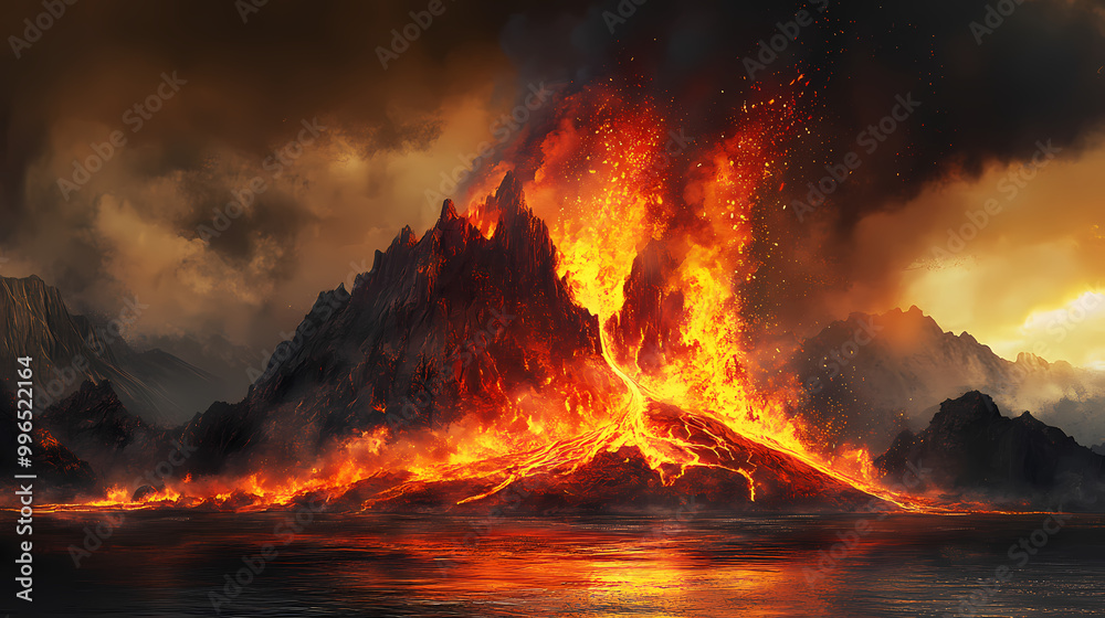 Epic volcanic eruption with fiery lava spewing from the furnace island ...