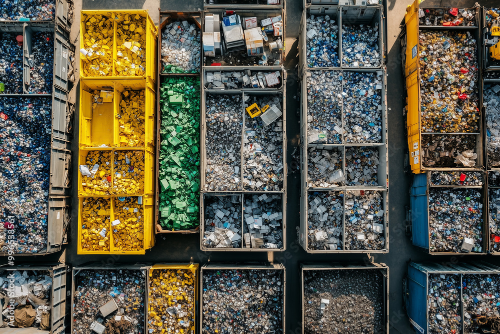 Aerial view of a recycling facility with colorful bins for waste ...