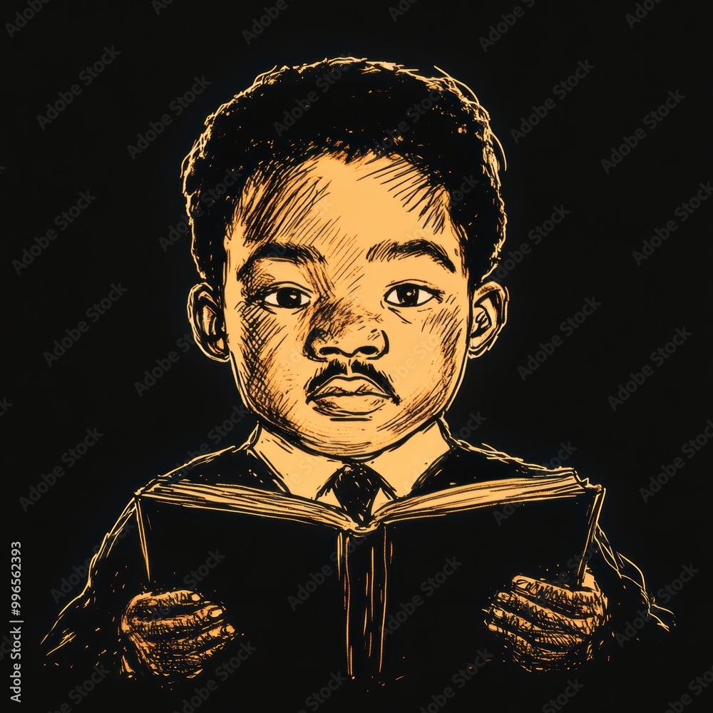 Hand-drawn illustration of a serious young boy holding an open book ...