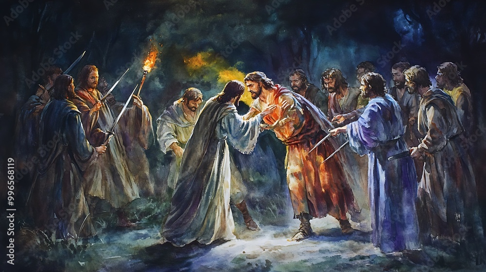 Poster Watercolor Painting of Jesus Being Arrested in the Garden of ...