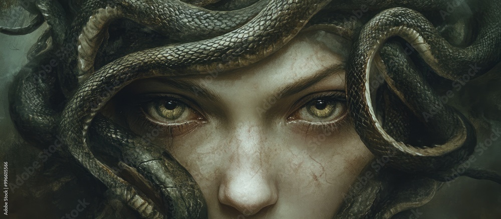 Artwork depicting Medusa with serpentine hair known for the legend that ...