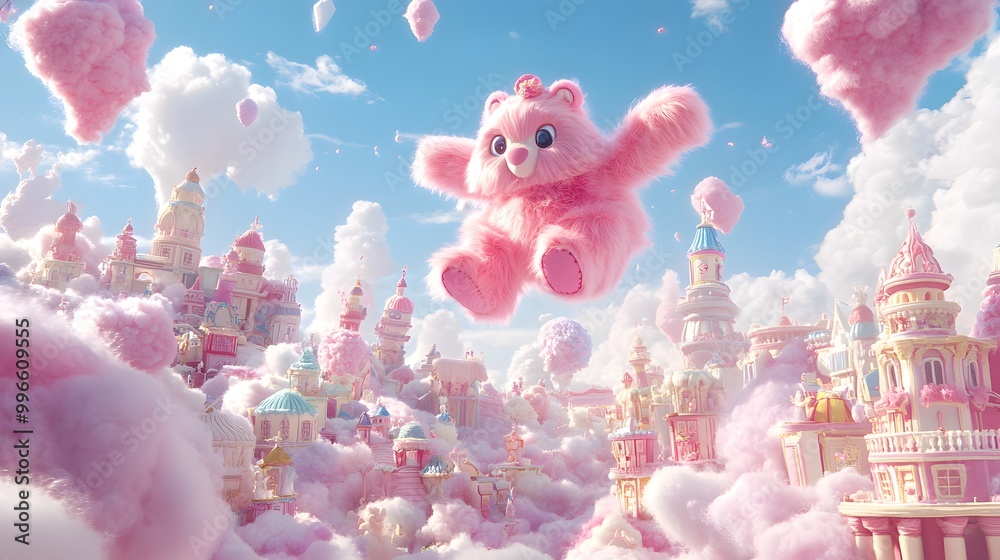 Sunwukong plush flying through a whimsical town made of fluffy cotton ...