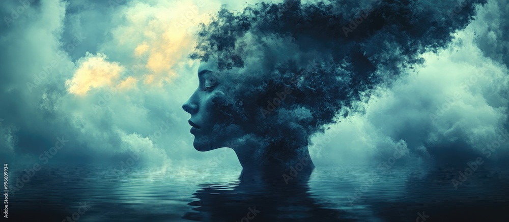 Surreal depiction of a human head surrounded by a dark cloud and water ...
