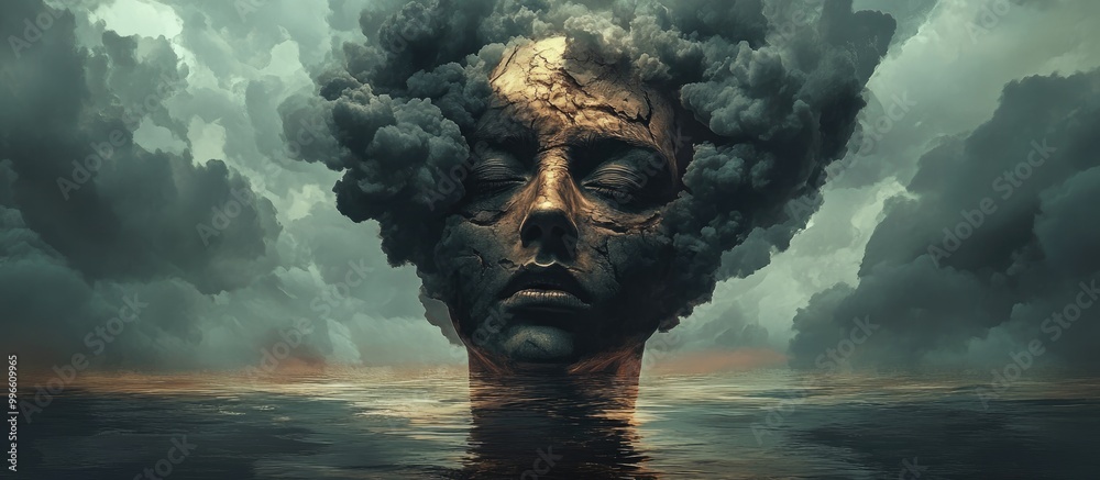 Surreal depiction of a human head surrounded by a dark cloud and water ...
