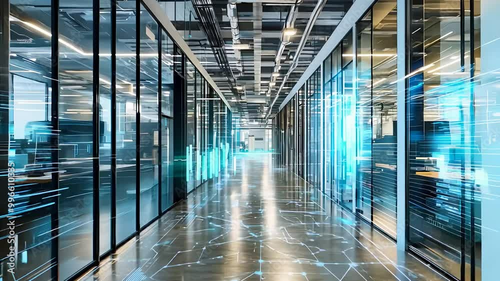 Futuristic High-Tech Corridor with Glass Walls and Digital Holographic Interfaces, Modern Office ...