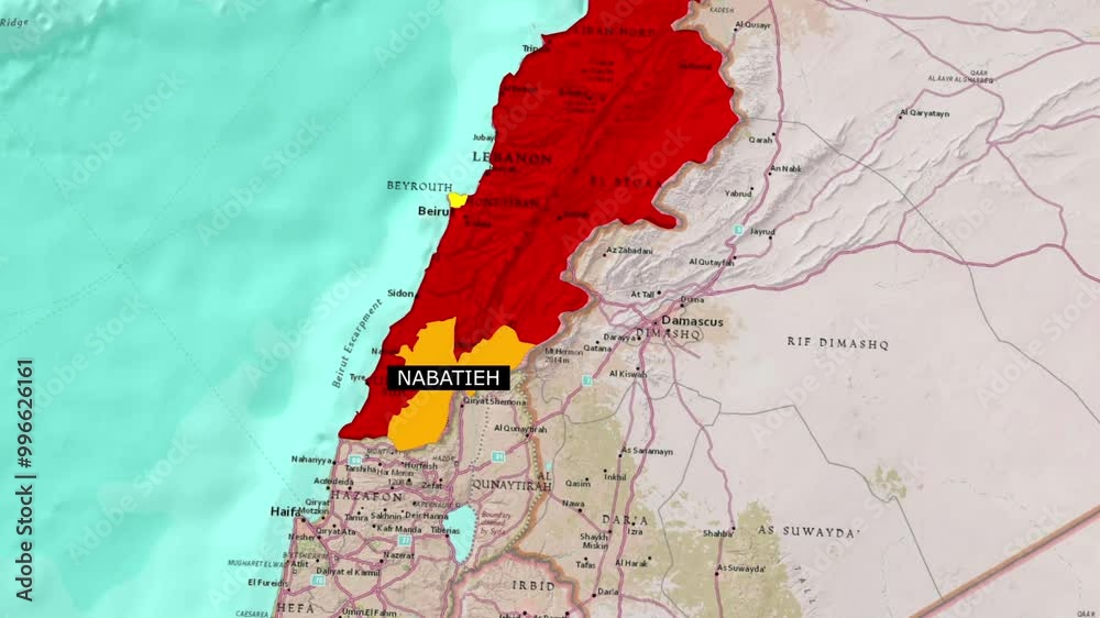 Highlight the important city of Nabatieh in the map of Lebanon Stock ...