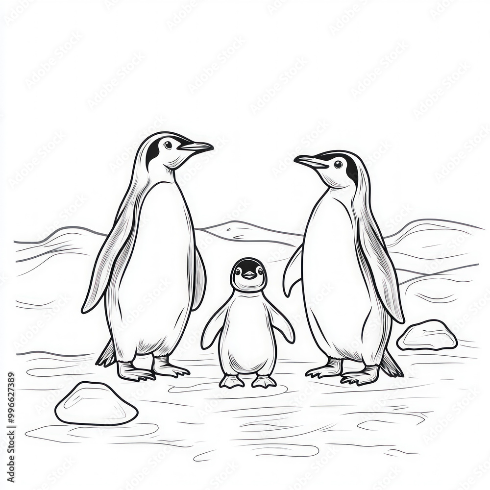 A family of penguins waddling on ice, coloring page for kids, simple ...