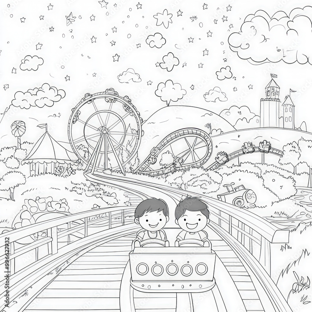 A fun day at an amusement park with roller coasters, coloring page for ...