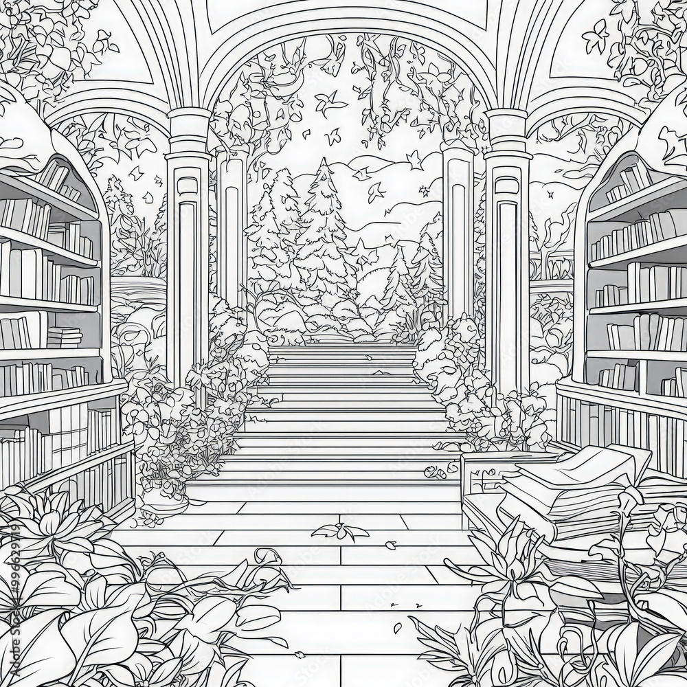 A magical library with floating books, coloring page for kids, simple ...