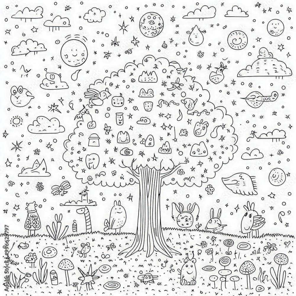 A magical tree with hidden creatures, coloring page for kids, simple ...
