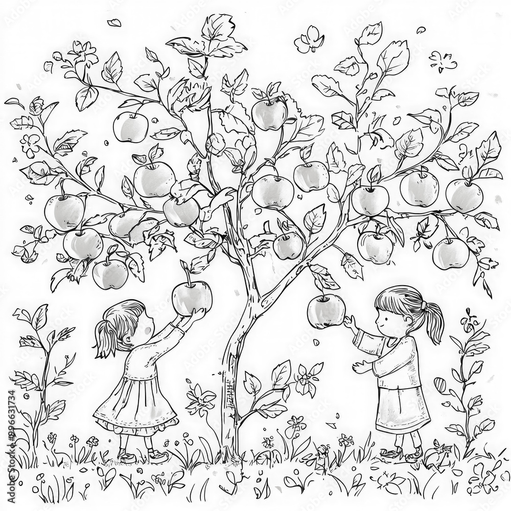 A vibrant orchard with kids picking apples, coloring page for kids ...