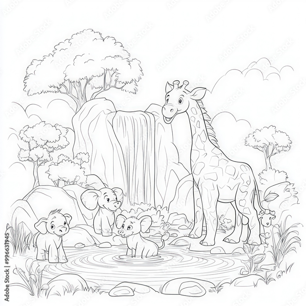 A wildlife scene with animals around a waterhole, coloring page for ...