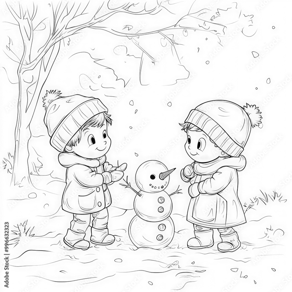 An enchanting winter scene with children making snowmen, coloring page ...