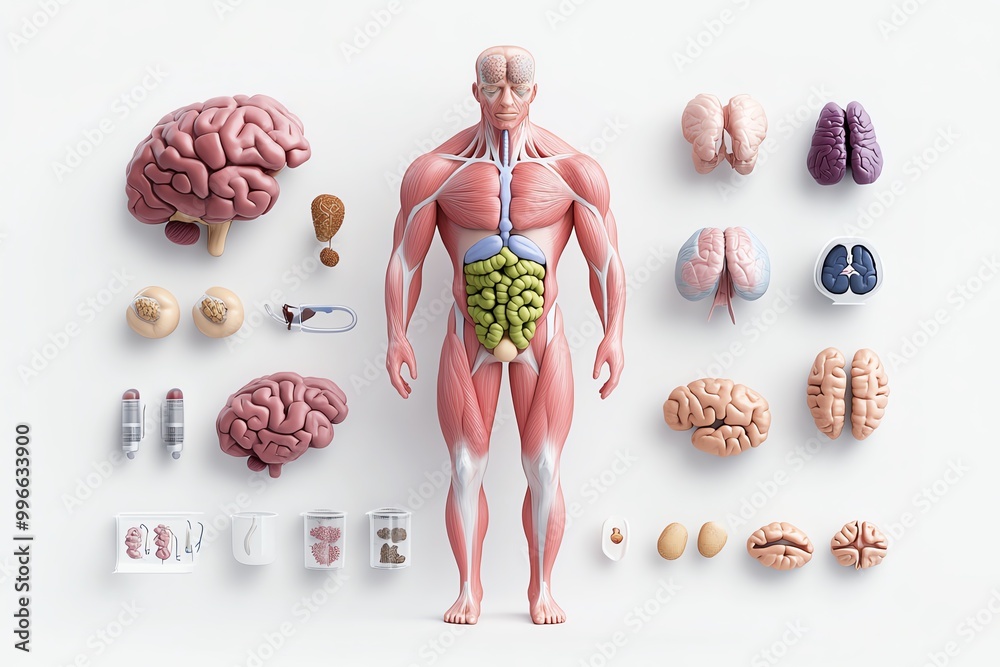 Endocrine System glands in a Realistic rendering, with a focus on the ...