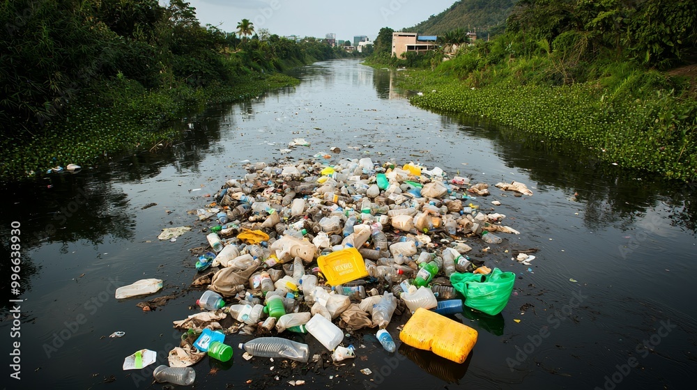Environmental Crisis Closeup of Plastic Pollution in River, Yellow ...