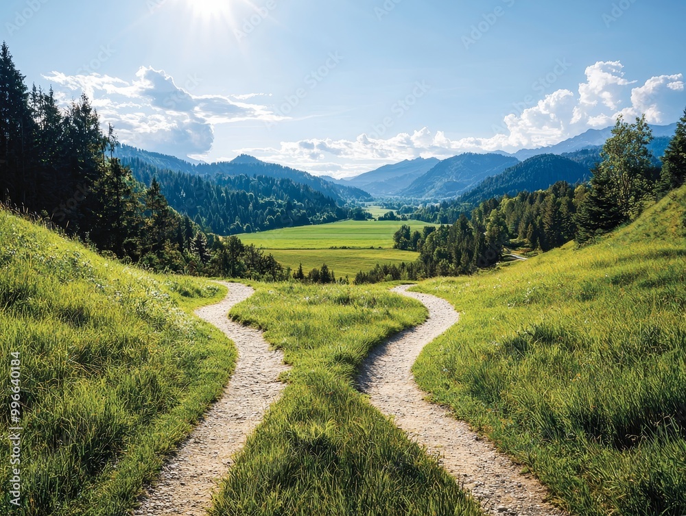 Serene Valley Path with Split Forks Leading to Mountains - Tranquil ...