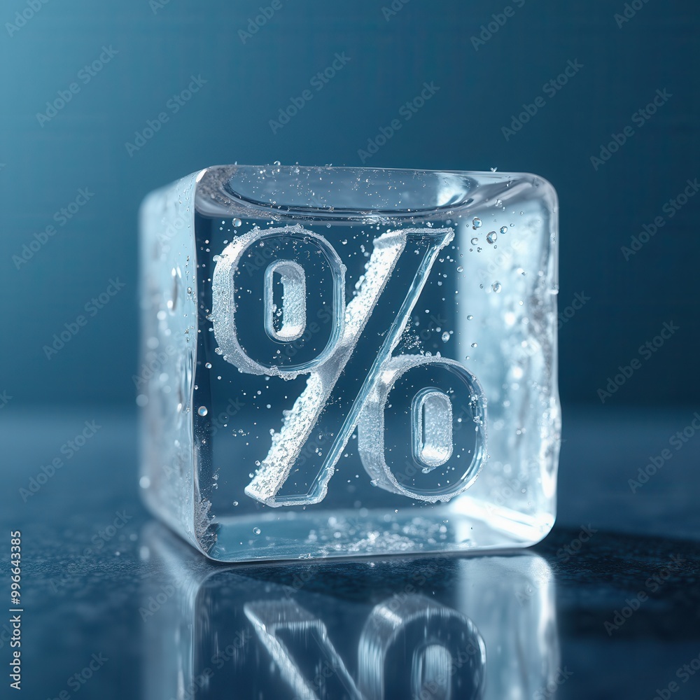 A clear ice cube containing a prominent percentage symbol is submerged ...