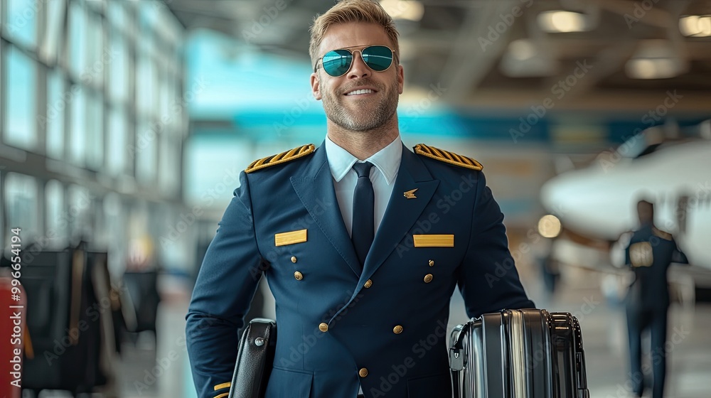 Confident pilot in uniform smiles at the airport, ready for an ...