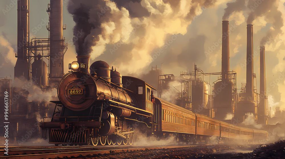 Vintage steam train passing an industrial factory with smoke stacks in ...