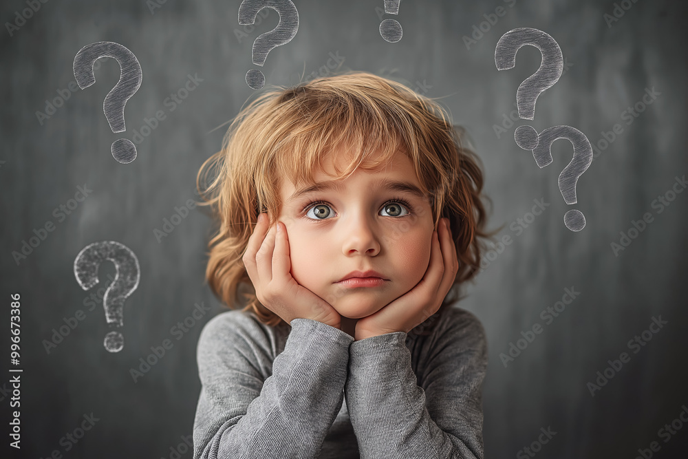 A boy with a thoughtful expression on his face sits with his head ...