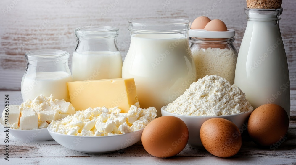 Dairy products including sour cream milk cheese eggs yogurt and butter ...