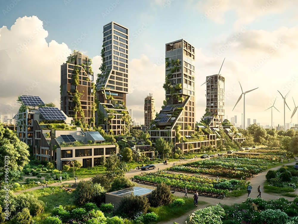 A visionary depiction of a sustainable urban landscape of the future showcasing renewable energy ...